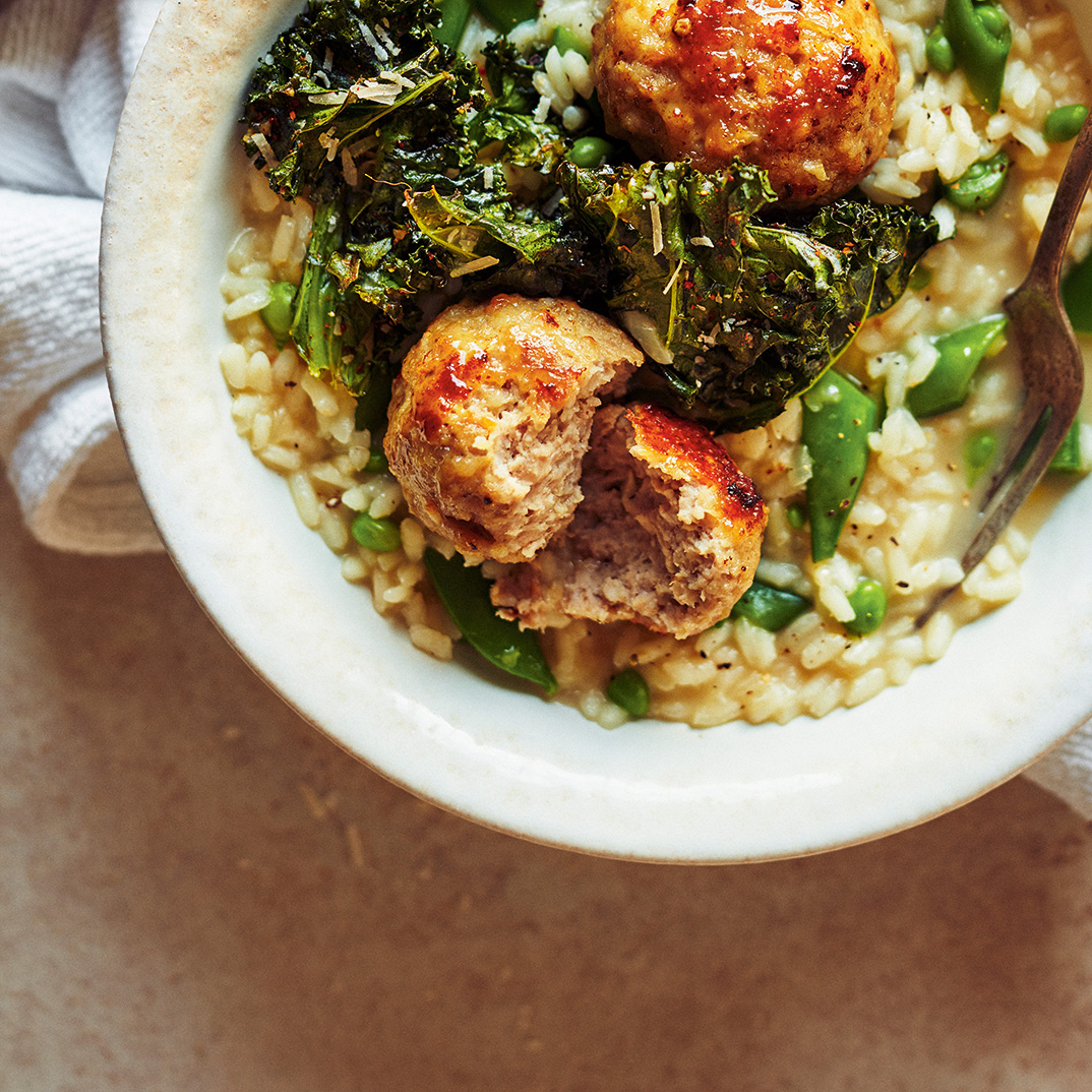 Risotto with Pork Meatballs and Sugar Snap Peas | RICARDO