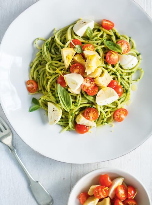 Doof Food | Spaghettis au pesto, aux artichauts et aux tomates cerises