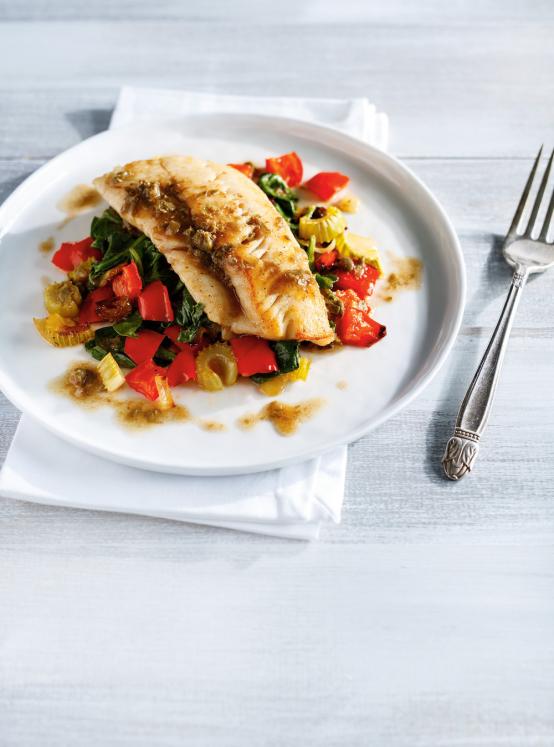 Poisson, légumes rôtis et beurre noisette aux câpres et aux anchois ...