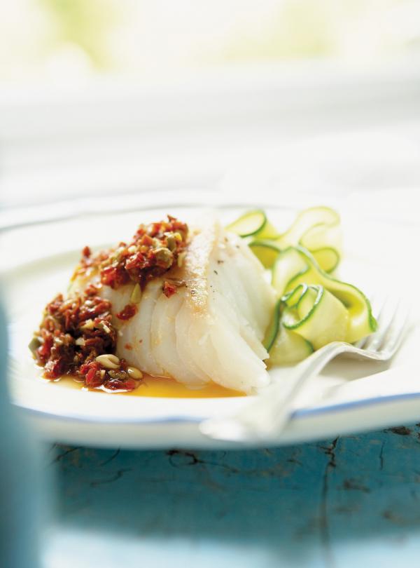 Cabillaud (morue) au pesto de tomates séchées et graines de citrouille ...